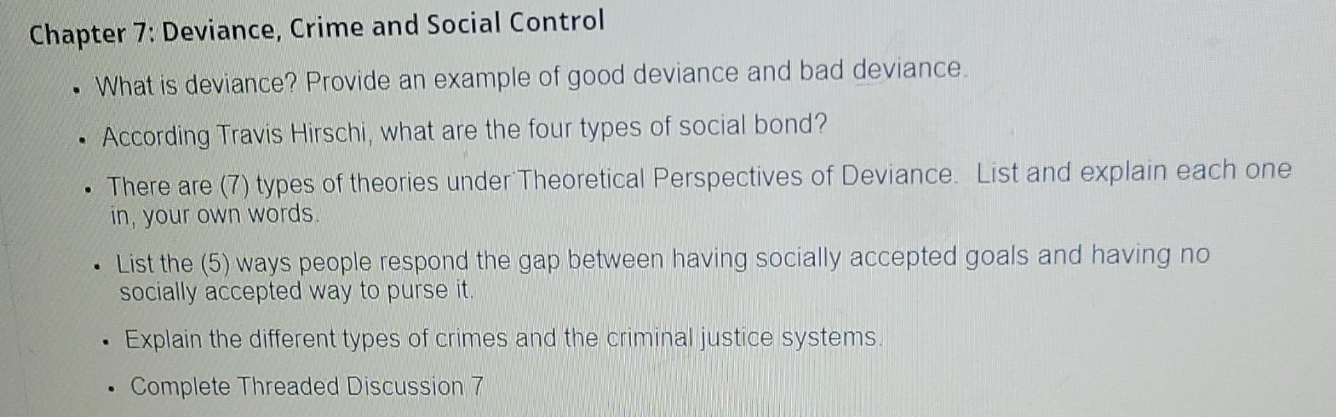 Solved Chapter 7: Deviance, Crime and Social Control What is | Chegg.com