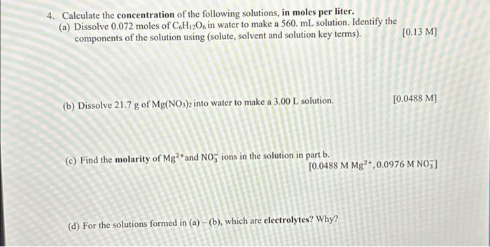 Solved 4. Calculate the concentration of the following | Chegg.com