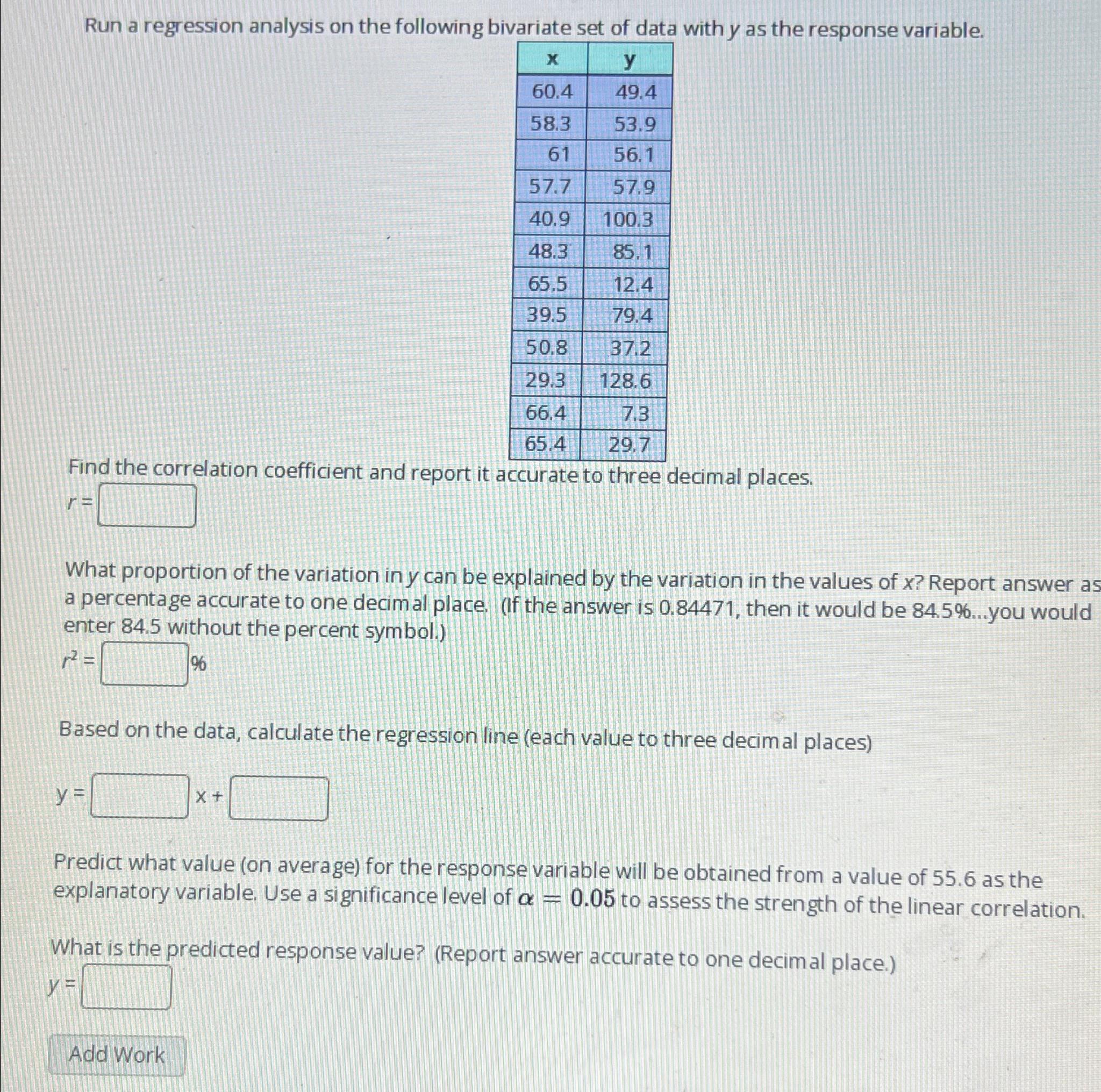 Solved Run a regression analysis on the following bivariate | Chegg.com