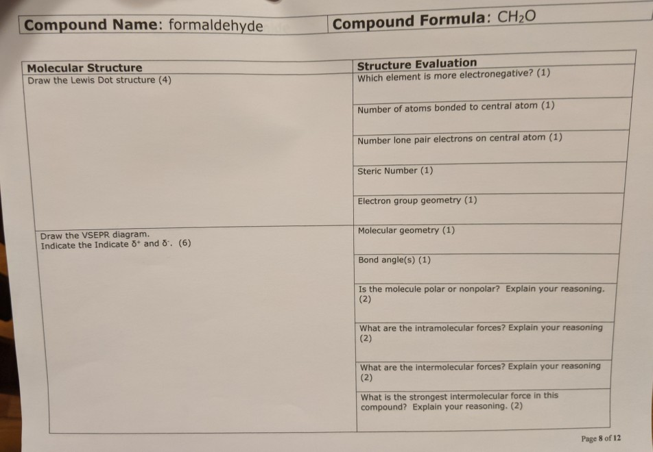 Solved Compound Name: formaldehyde Compound Formula: CH2O | Chegg.com