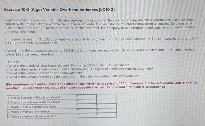 Solved Exercise 10-3 (Algo) Variable Overhead Variances | Chegg.com Solved Exercise 10-3 (Algo) Variable Overhead Variances | Chegg.com