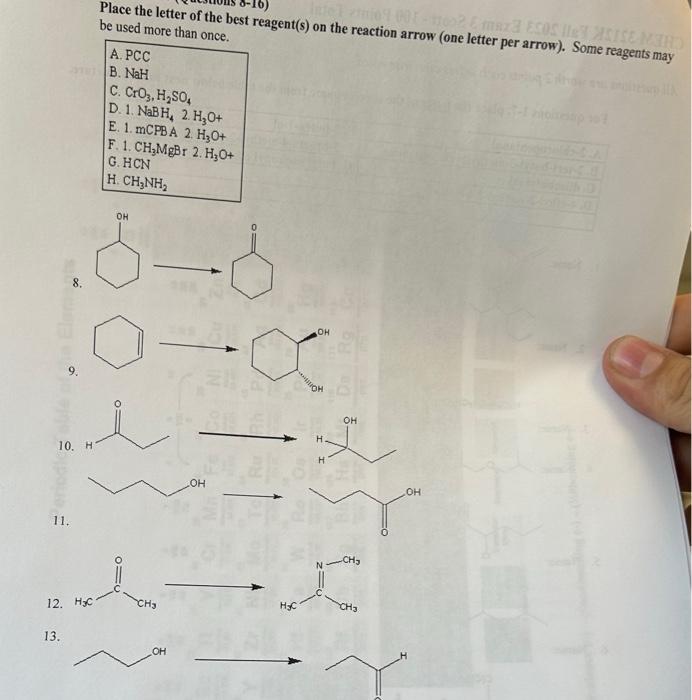 Solved Place the letter of the best reagent(s) on the | Chegg.com