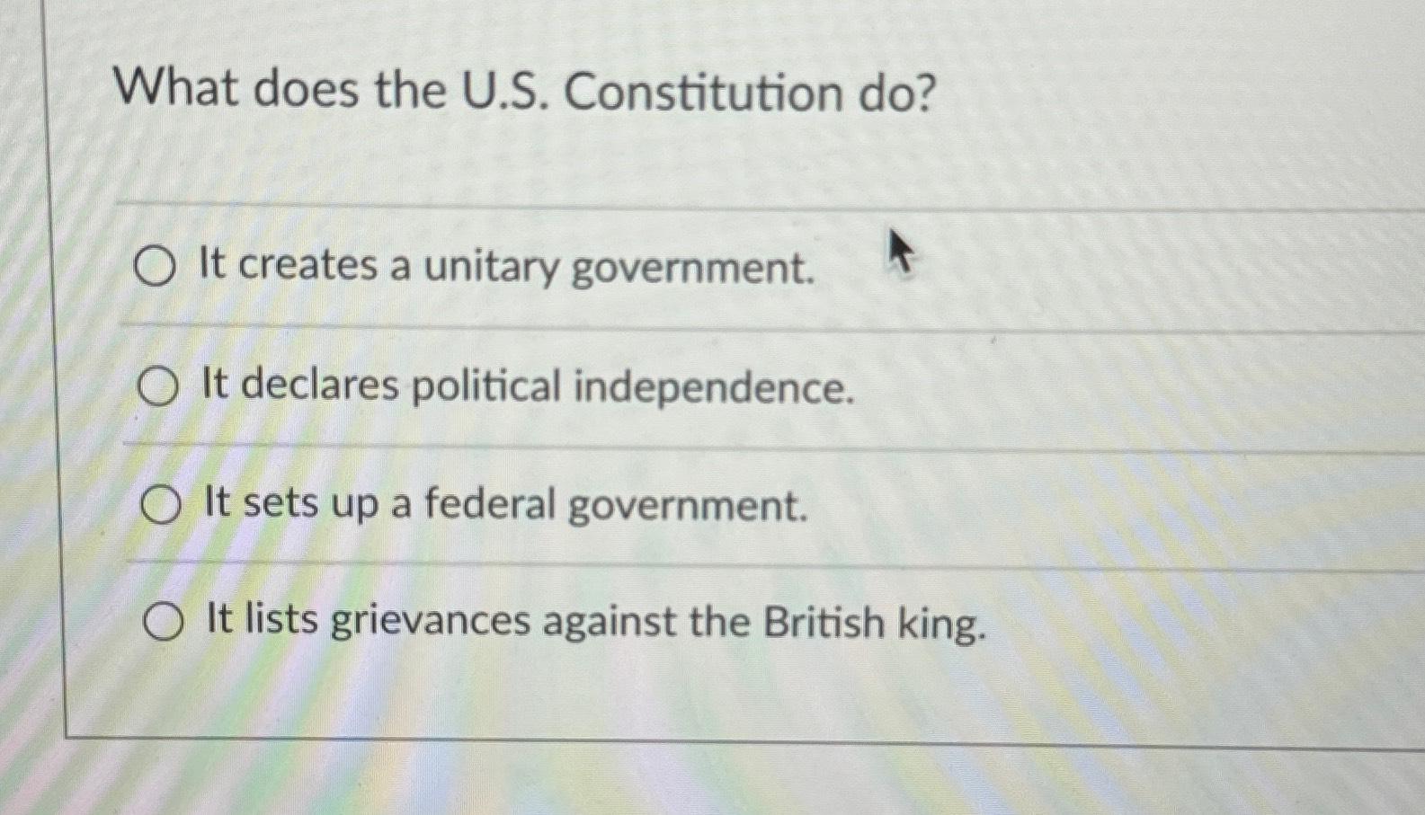 Solved What does the U.S. ﻿Constitution do?It creates a | Chegg.com