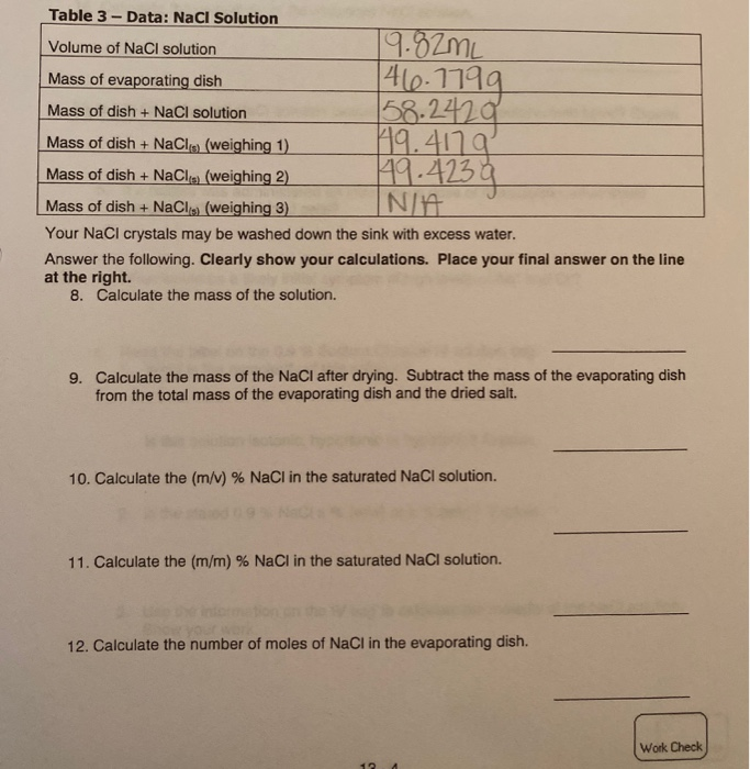 Solved Table 3-Data: NaCl Solution Volume of NaCl solution | Chegg.com