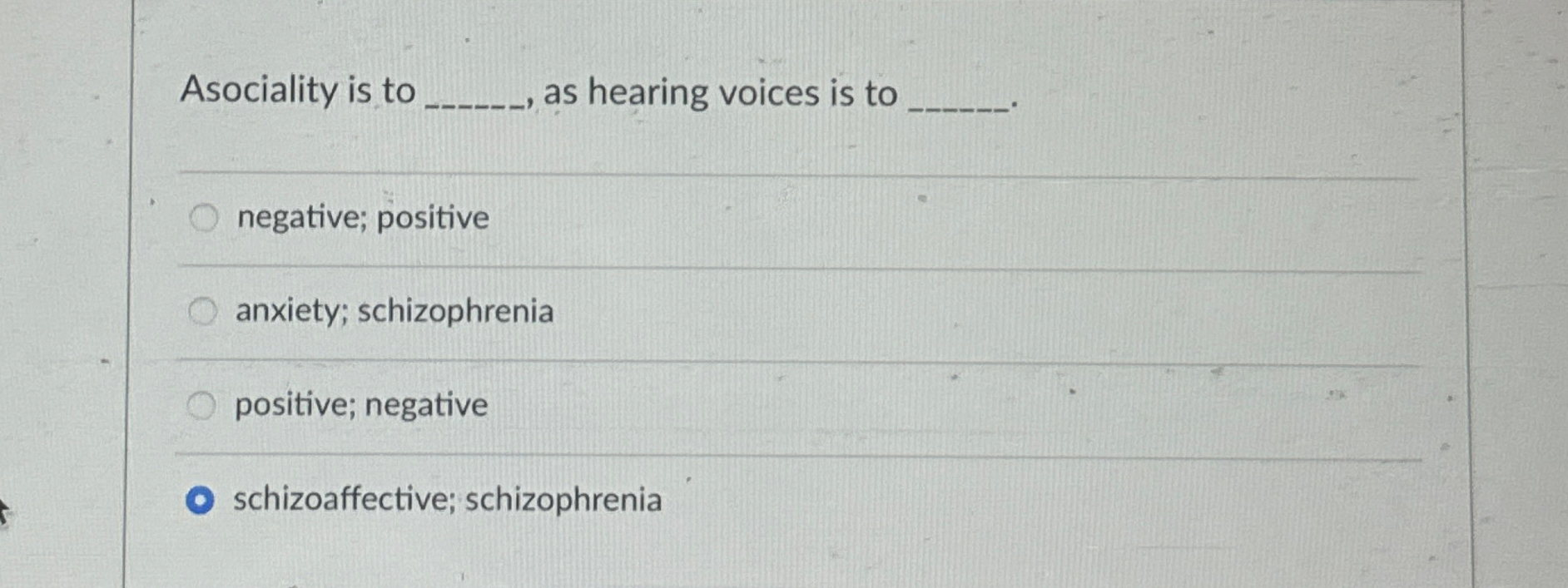 Solved Asociality is to q, ﻿as hearing voices is to | Chegg.com