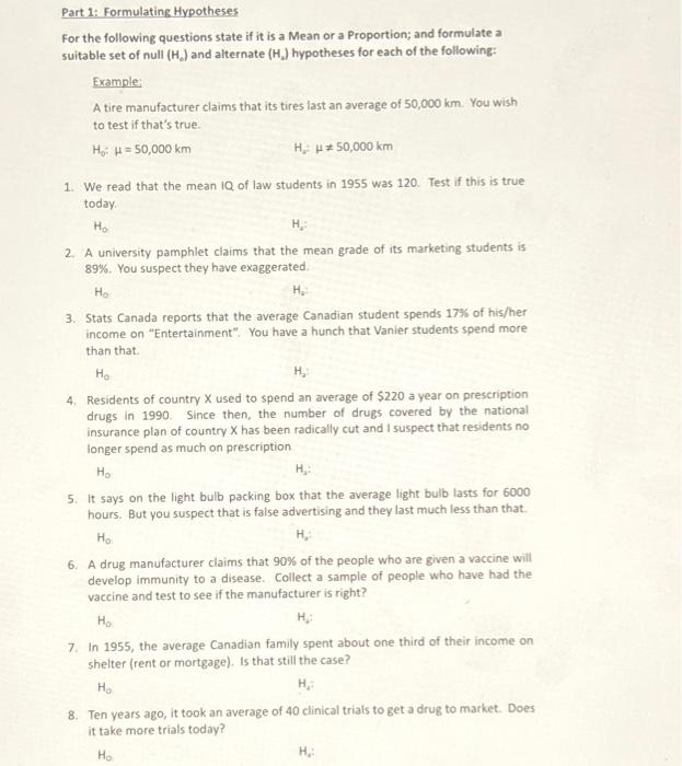 Solved Part 1: Formulating Hypotheses For the following | Chegg.com