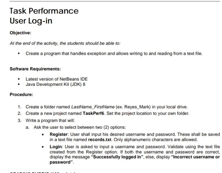 Task Performance User Log-in Objective: At the end of | Chegg.com