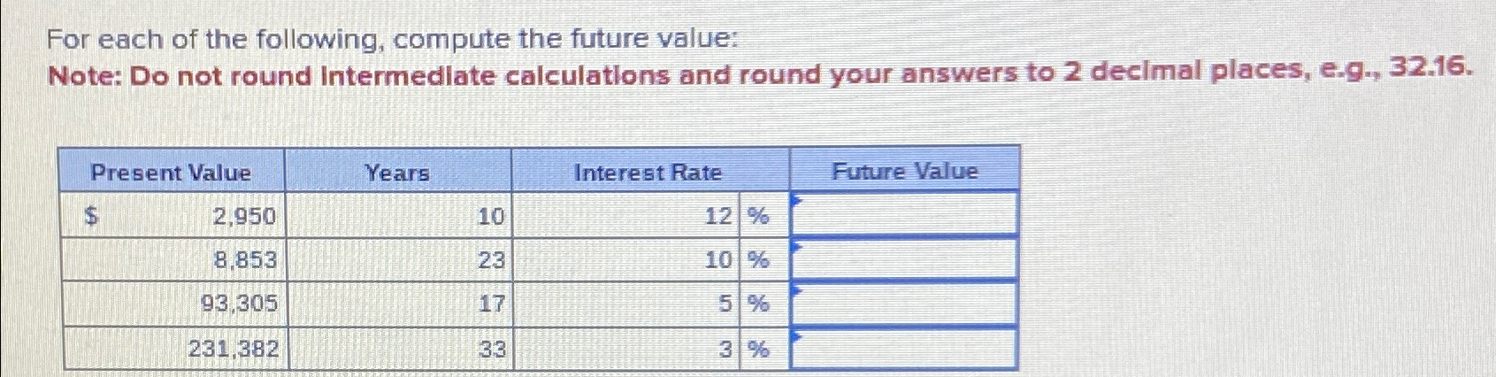 Solved For each of the following, compute the future | Chegg.com
