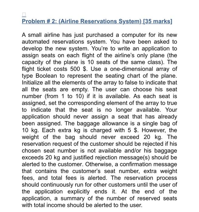 Solved 2. Problem \# 2: (Airline Reservations System) 2.1 | Chegg.com