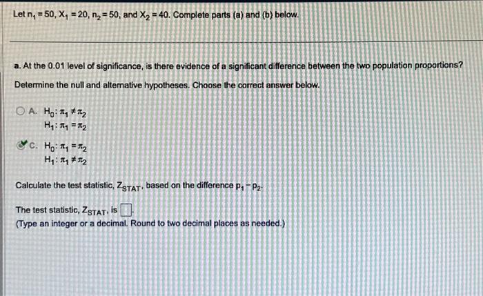 Solved a) calculate the Test statistic, ZStat based in the | Chegg.com