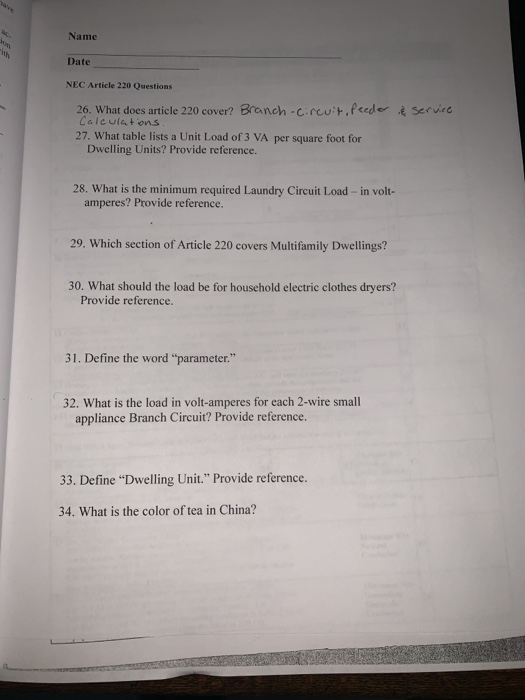 Solved Name Date NEC Article 220 Questions 26. What does | Chegg.com