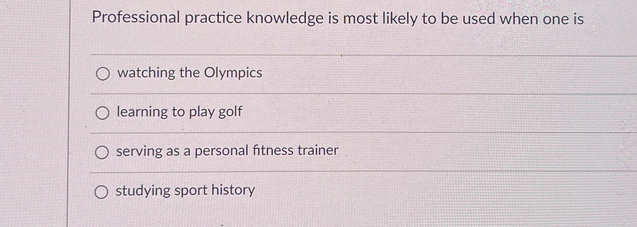 Solved Professional practice knowledge is most likely to be | Chegg.com