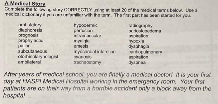 Solved A Medical Story Complete the following story | Chegg.com