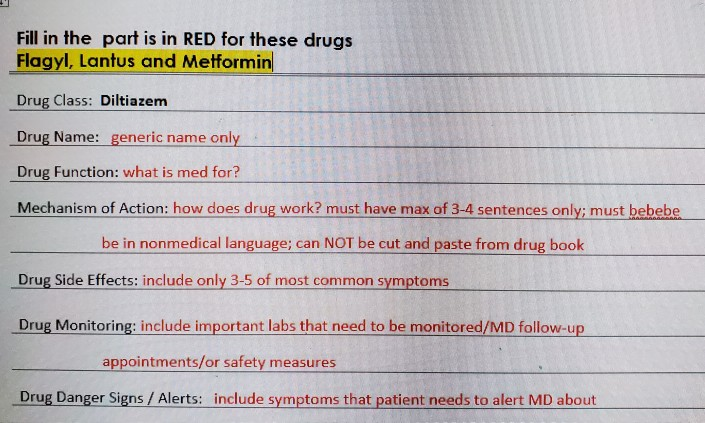 Solved Fill in the part is in RED for these drugs Flagyl, | Chegg.com