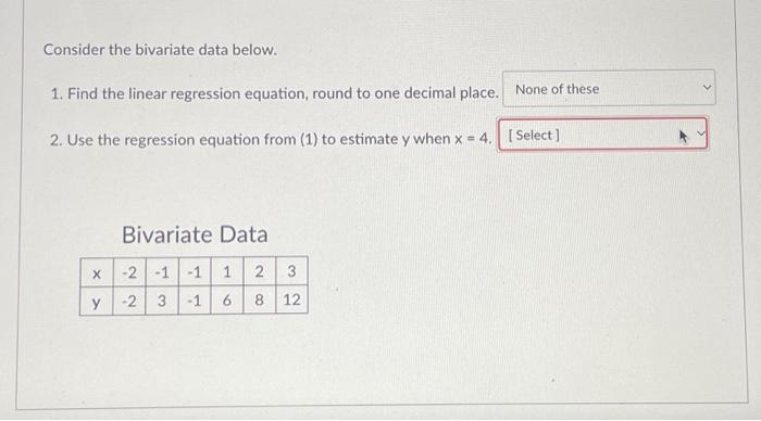 Solved Consider the bivariate data below. 1. Find the linear | Chegg.com