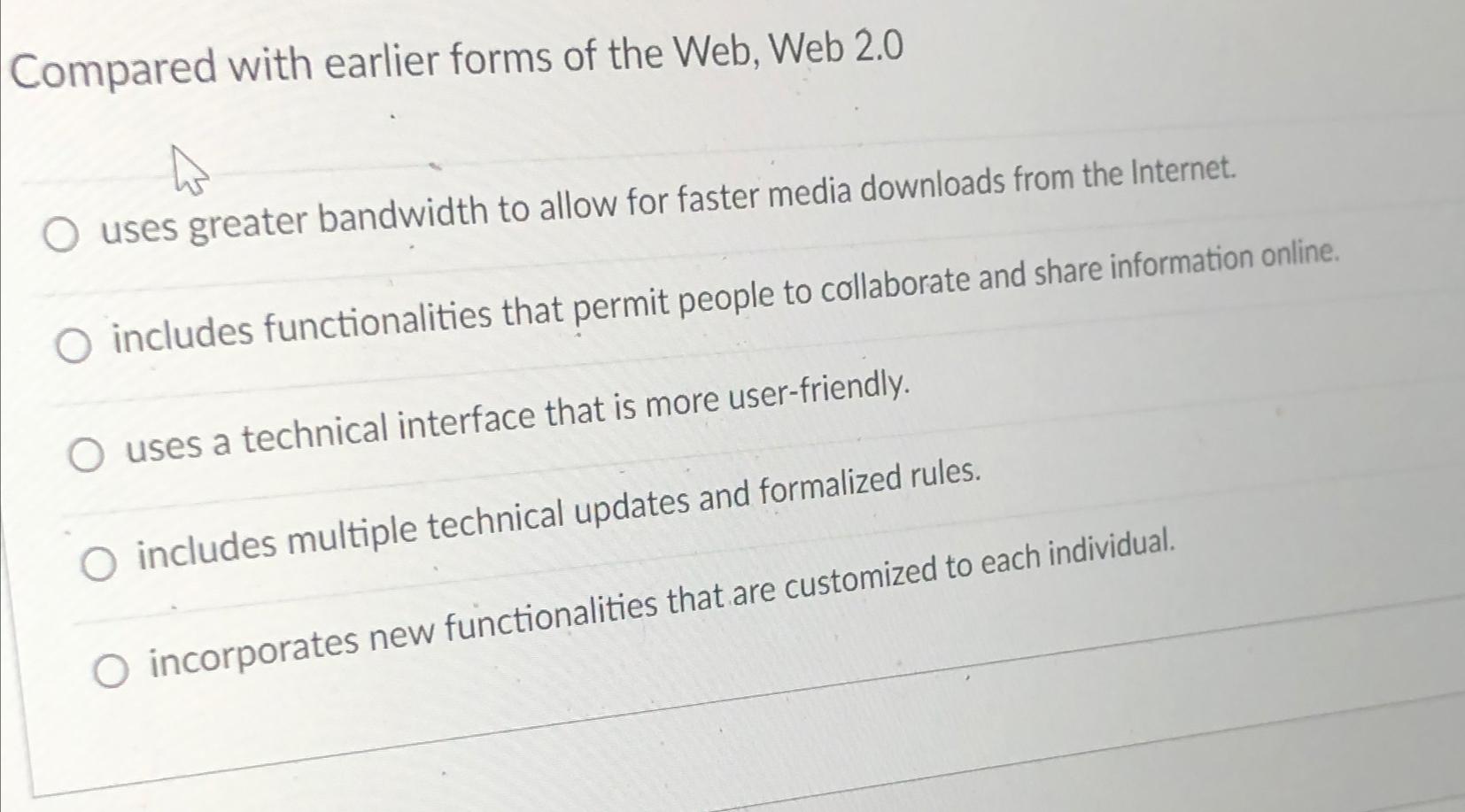 Solved Compared with earlier forms of the Web, Web 2.0uses | Chegg.com