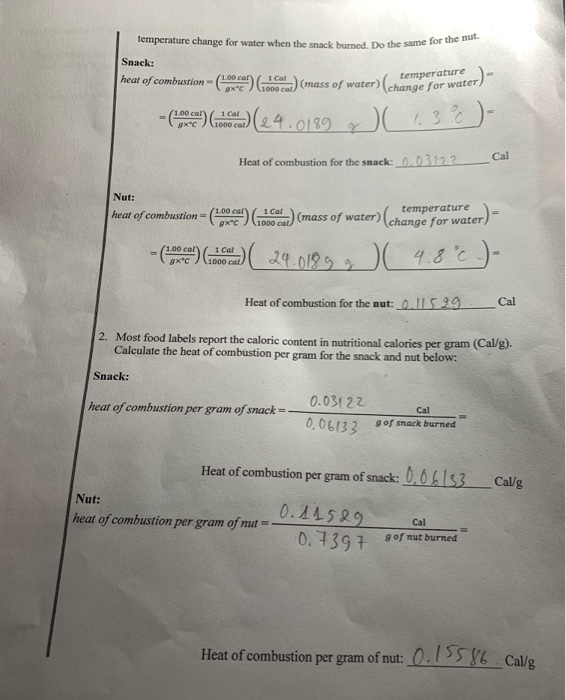 Solved E. Heat of Combustion and the Caloric Content of Food | Chegg.com