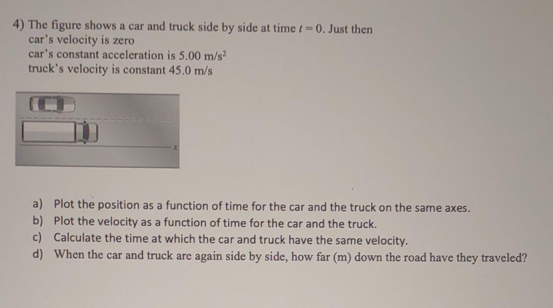 Solved 4) The figure shows a car and truck side by side at | Chegg.com