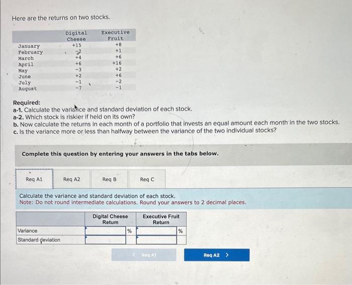 Solved Here are the returns on two stocks. Required: a-1. | Chegg.com