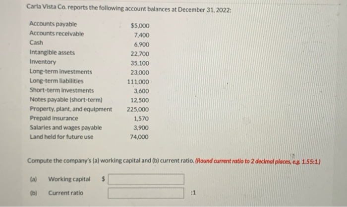 Solved Carla Vista Co. reports the following account | Chegg.com