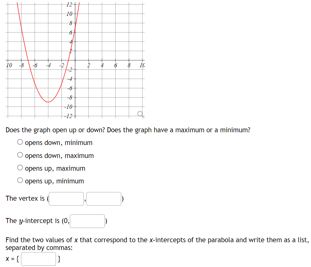 Solved Does the graph open up or down? Does the graph have a | Chegg.com