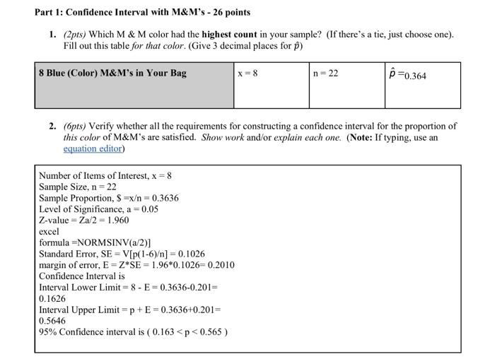 Solved Part 1: Confidence Interval with M\&M's −26 points 1. | Chegg.com