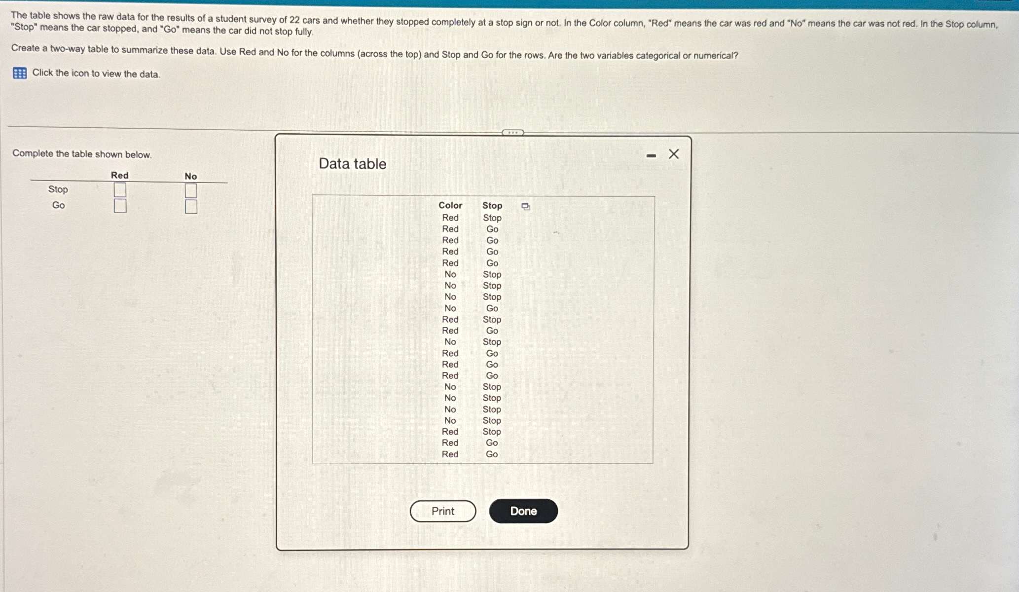Solved "Stop" means the car stopped, and "Go" ﻿means the car | Chegg.com