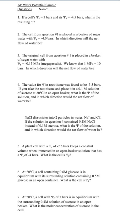 Solved AP Water Potential Sample Questions Name: 1. If a | Chegg.com
