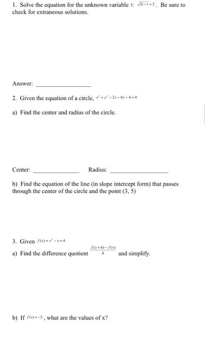 Solved 1. Solve the equation for the unknown variable : | Chegg.com