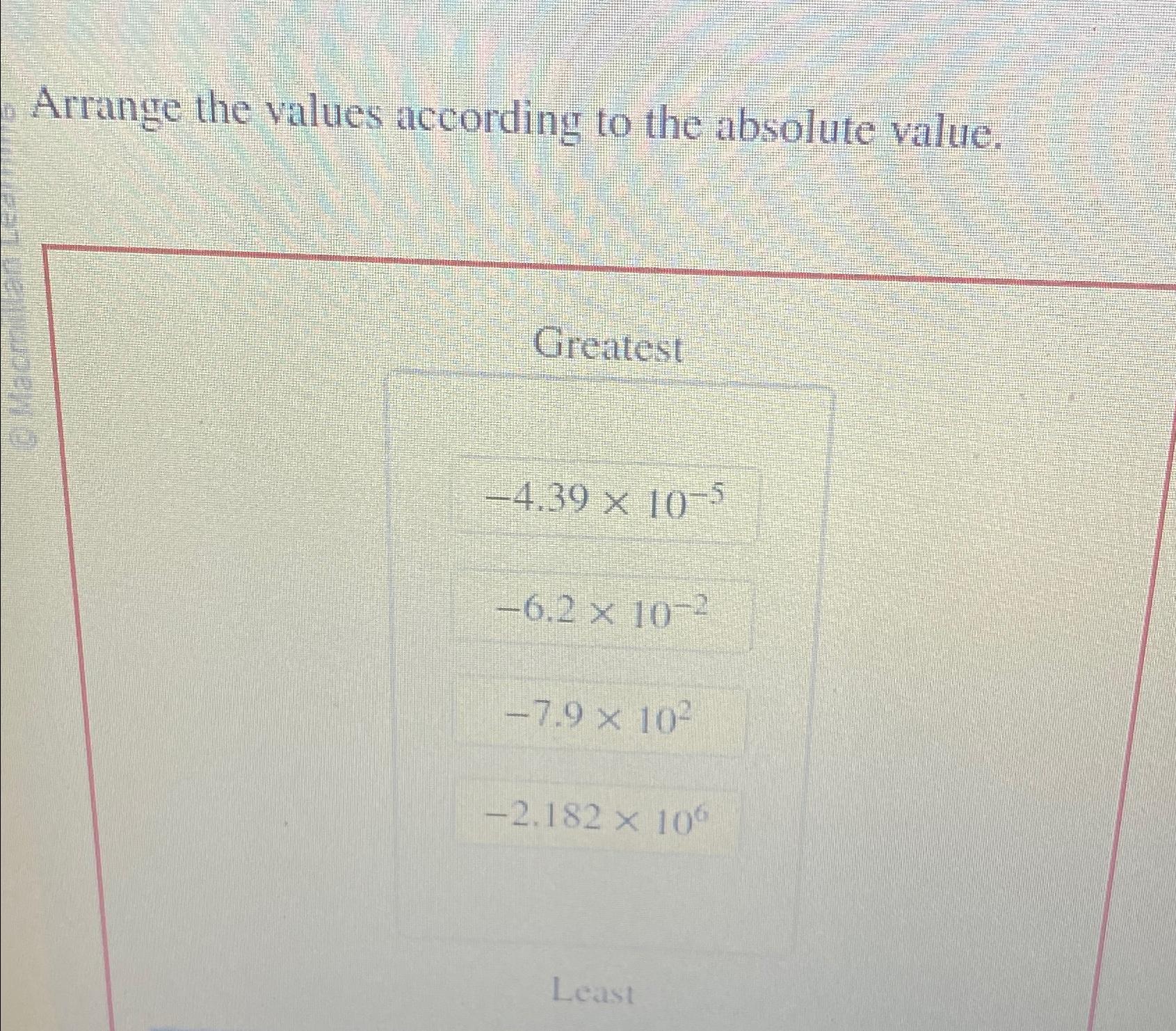 Solved Arrange the values according to the absolute | Chegg.com