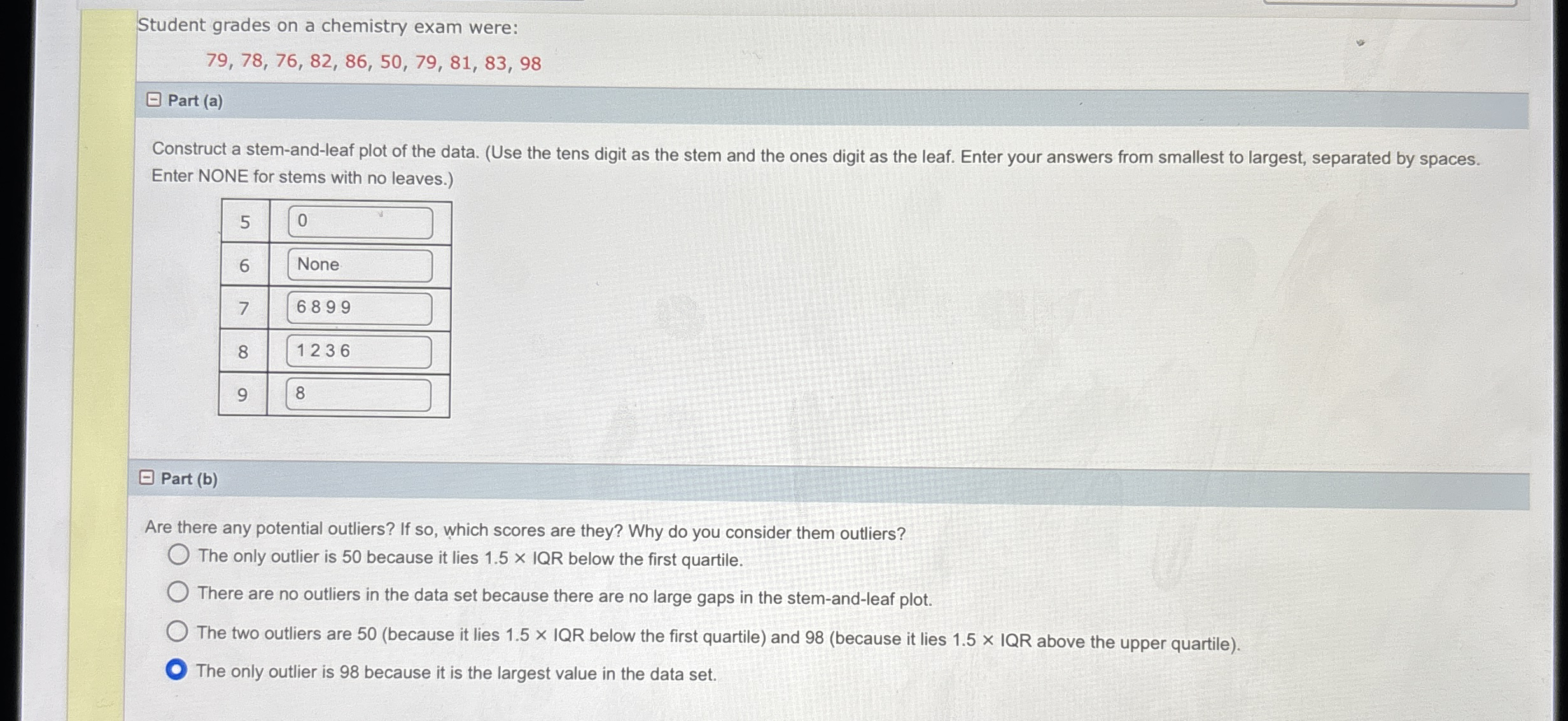 Student grades on a chemistry exam | Chegg.com