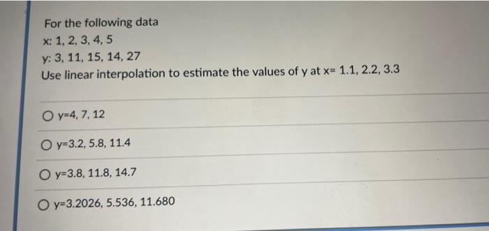 Solved For the following data X: 1, 2, 3, 4, 5 y: 3, 11, 15, | Chegg.com