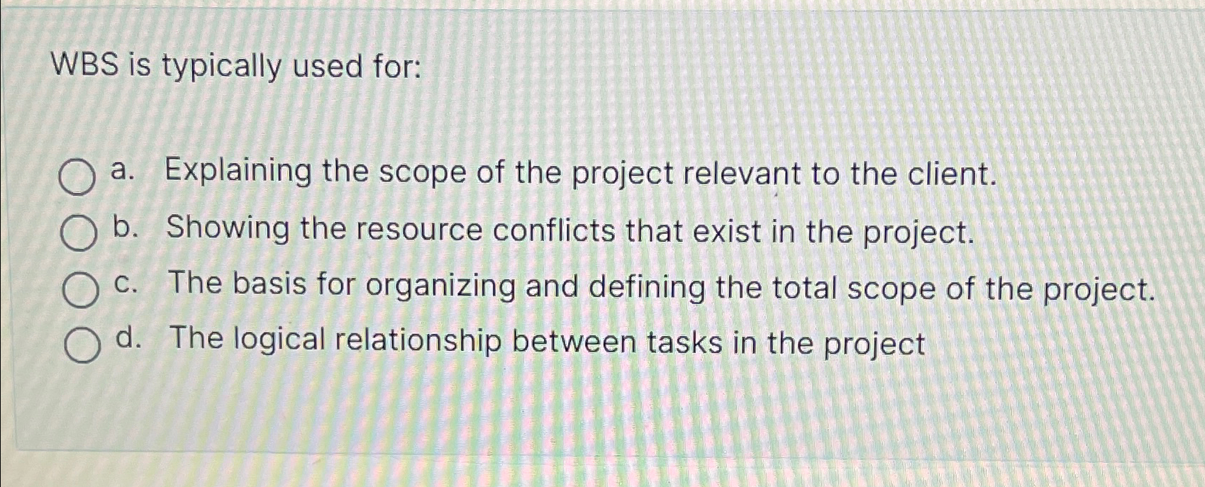 Solved WBS is typically used for:a. ﻿Explaining the scope of | Chegg.com