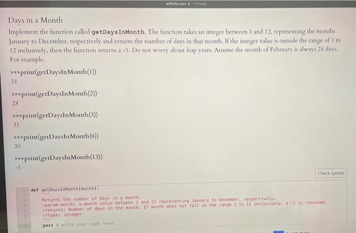 Solved Days in a MonthImplement the function called | Chegg.com