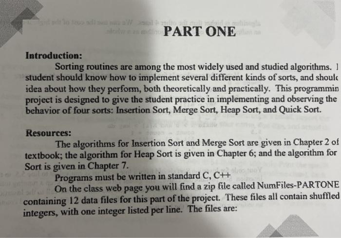 Solved alature za PART ONE Introduction: Sorting routines | Chegg.com