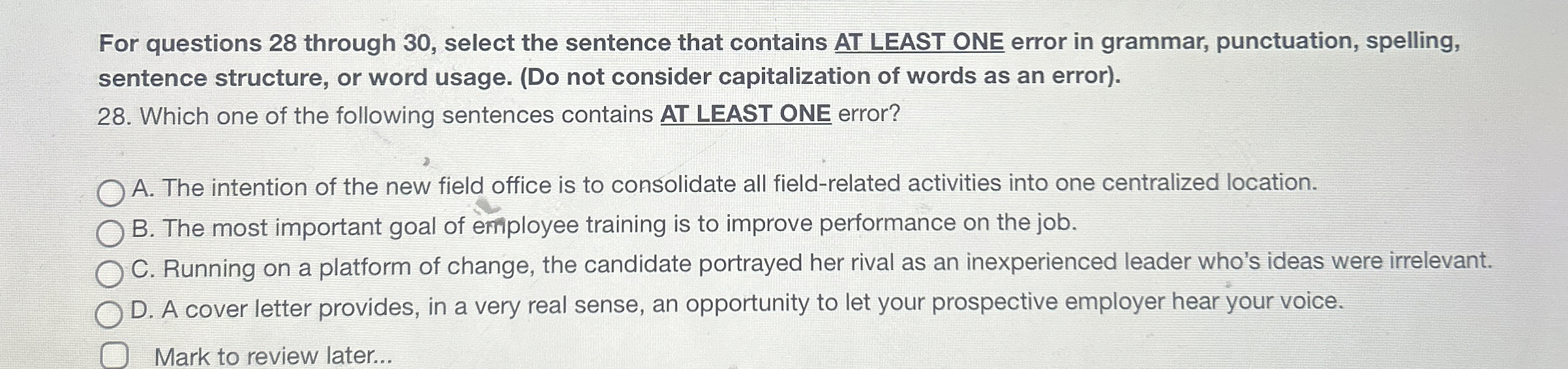 Solved For questions 28 ﻿through 30, ﻿select the sentence | Chegg.com