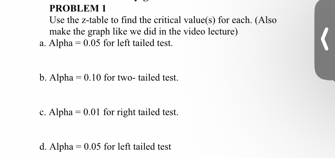 Solved PROBLEM 1Use the z-table to find the critical | Chegg.com