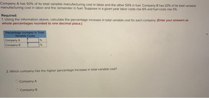 Solved Company A has 50% of its total variable manufacturing | Chegg.com