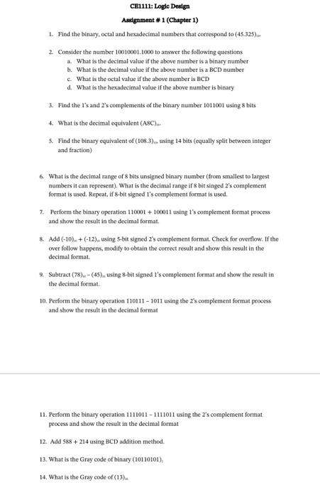 1. Find the binary, octal and hexadecimal numbers | Chegg.com