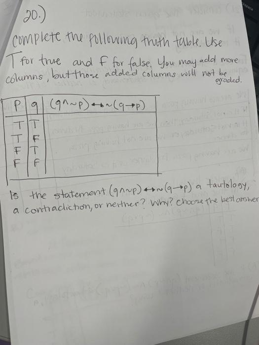 Solved 20.) complete the following thith table. Use Tfor | Chegg.com