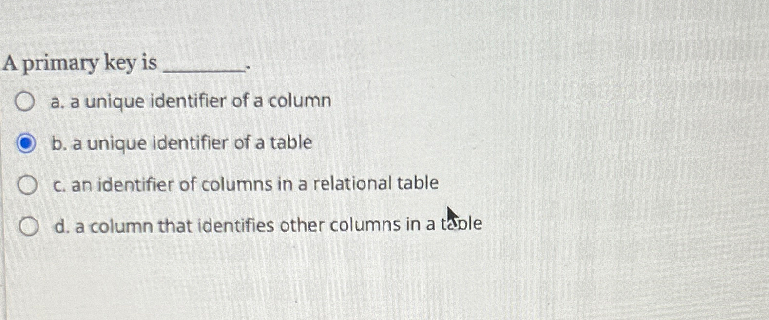 Solved A primary key isa. ﻿a unique identifier of a columnb. | Chegg.com