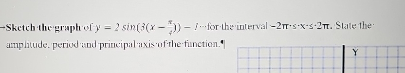 Solved → ﻿Sketch the graph of y=2sin(3(x-π4))-1 ﻿for the | Chegg.com