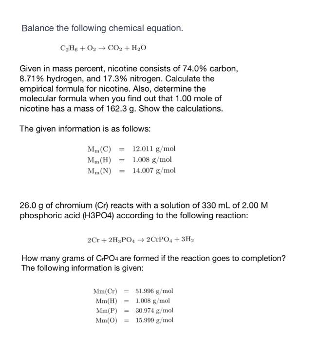 Solved Balance the following chemical equation. | Chegg.com