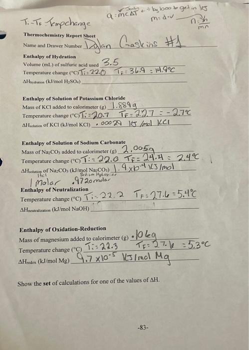 Solved Ti-TF. Tempchange Thermochemistry Report Sheet Name | Chegg.com