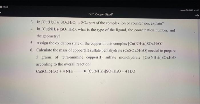 Solved 3. In [Cu(H2O)4]SO4H2O, is SO4 part of the complex | Chegg.com