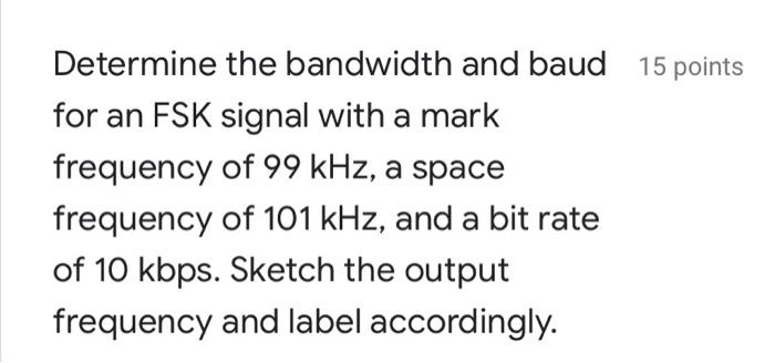 Solved Determine the bandwidth and baud 15 points for an FSK | Chegg.com