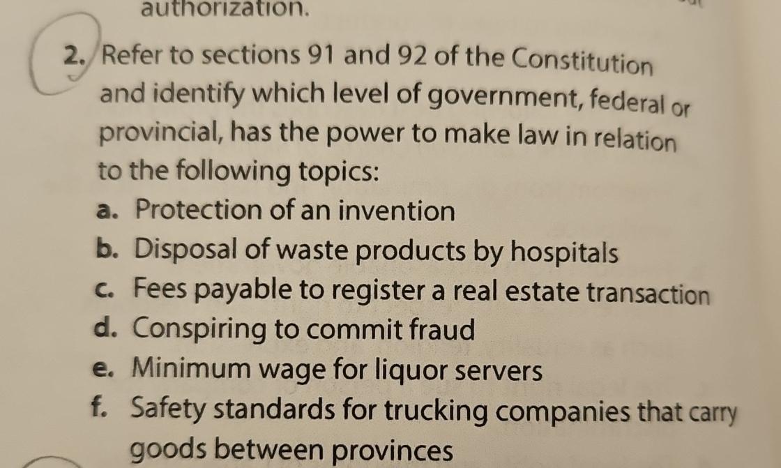 Solved authorization.2. ﻿Refer to sections 91 ﻿and 92 ﻿of | Chegg.com