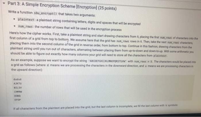 Solved Part 3: A Simple Encryption Scheme (Encryption) (25 | Chegg.com