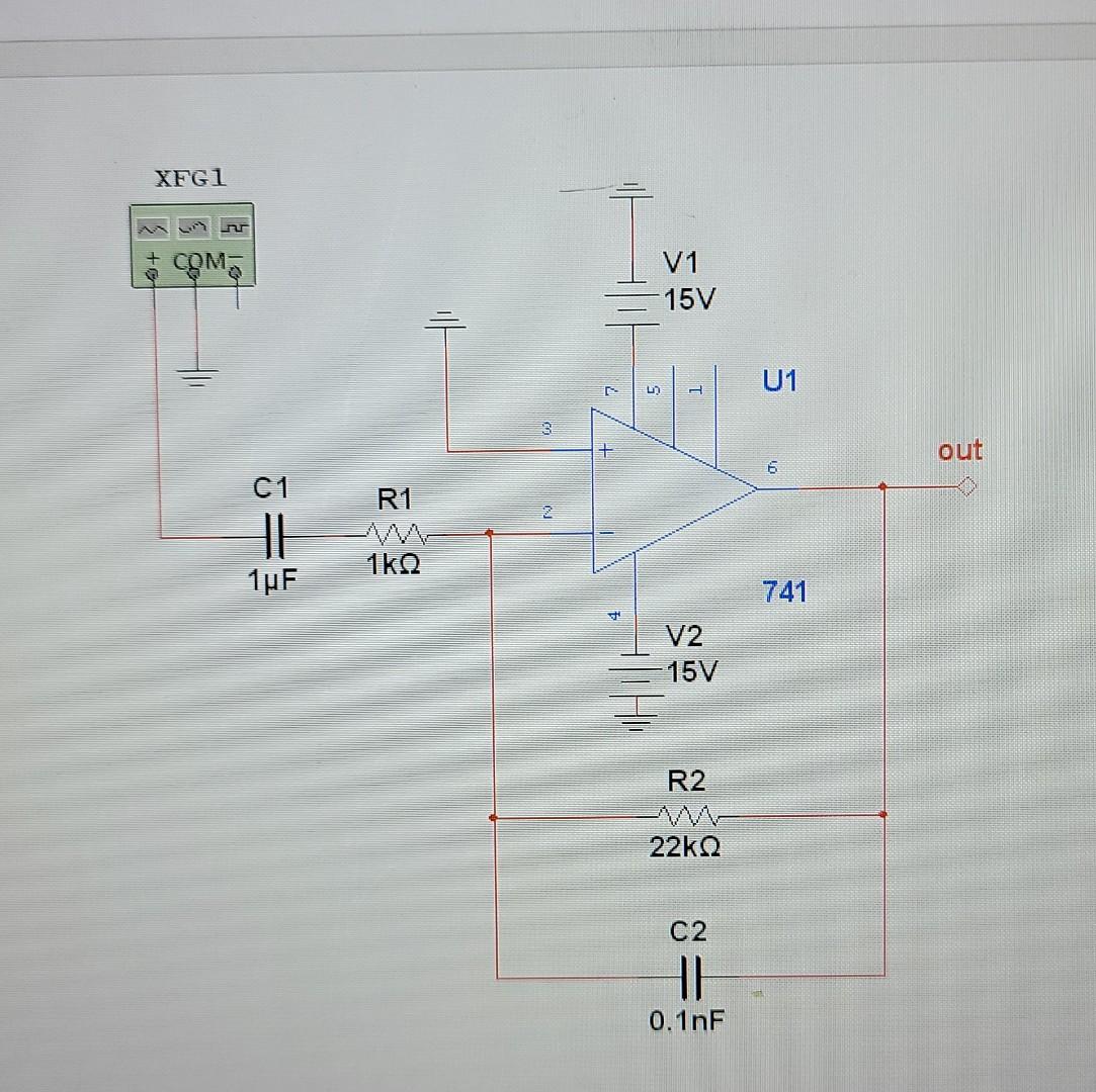 Solved XFG1 COM V1 15V U1 out 6 C1 R1 = 1kΩ 1uF 741 V2 -15V | Chegg.com