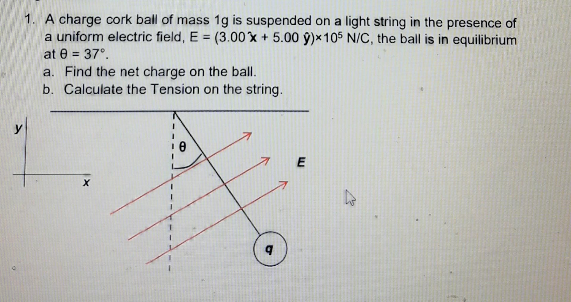 Solved 1. A charge cork ball of mass 1 g is suspended on a | Chegg.com